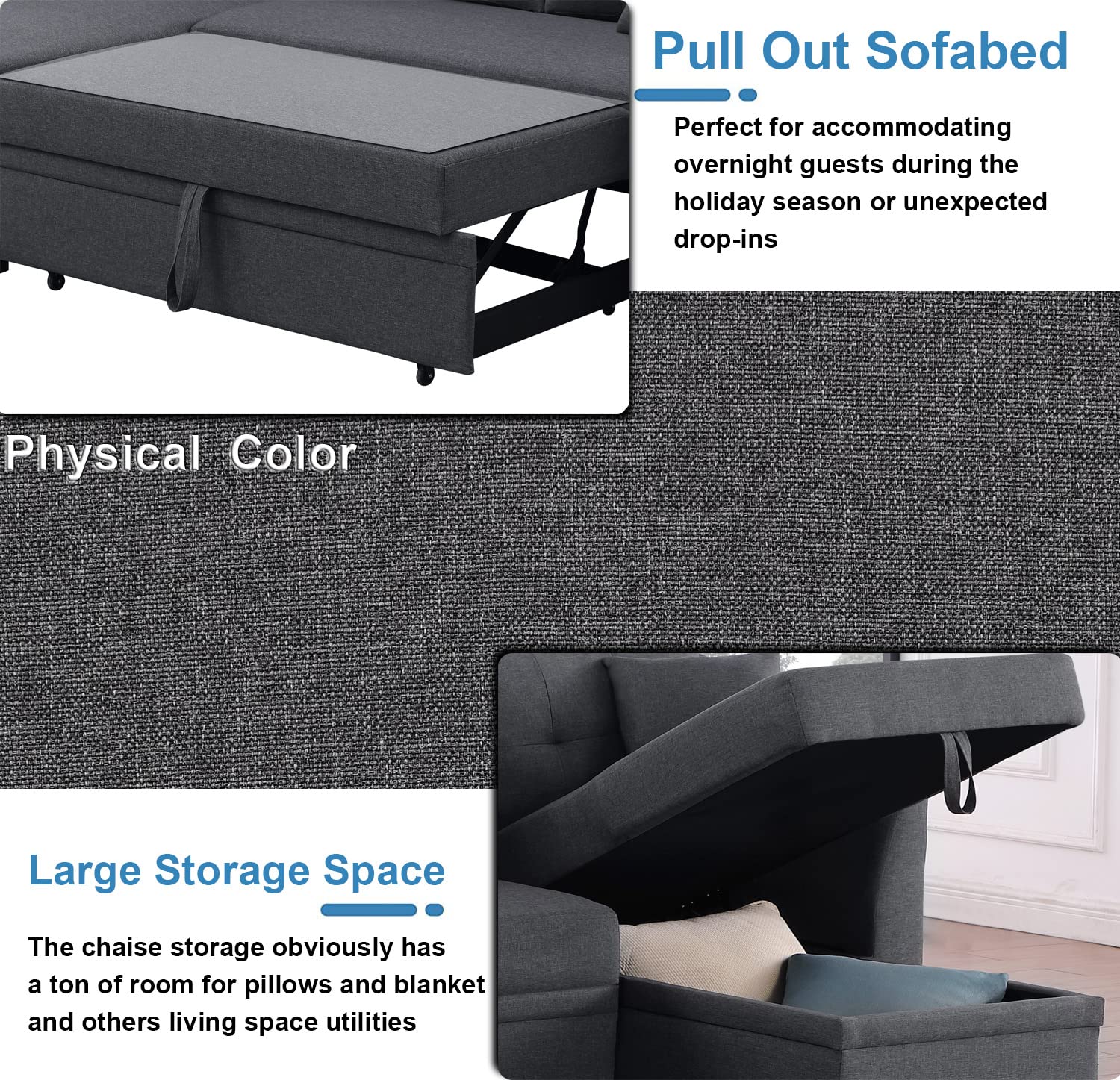 Sleeper Sectional Sofa Pull Out Couch with Storage Chaise 2 in 1 Sleeper Sofa Couch Convertible Sleeper Bed for Living Room, Apartment,Bedroom,Dark Grey