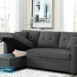 Sleeper Sectional Sofa Pull Out Couch with Storage Chaise 2 in 1 Sleeper Sofa Couch Convertible Sleeper Bed for Living Room, Apartment,Bedroom,Dark Grey