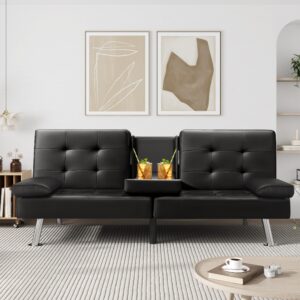 furniwell futon sofa bed modern faux leather sofa couch for living room convertible folding adjustable recliner with 2 cup holders and armrests (black)