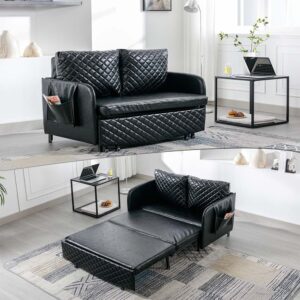 lin-utrend 46" convertible sleeper sofa bed, modern loveseat couch with pull out bed, small love seat futon sofa bed with headboard, 2 pillows side pockets for living room apartment (black)