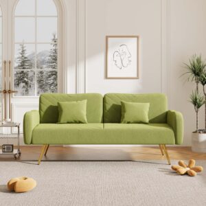 shuoya jewelry modern futon couch sofa bed with 2 pillows, convertible sleeper couch loveseat with 3 angles adjustable split-back and solid metal leg for living room and bedroom (green)