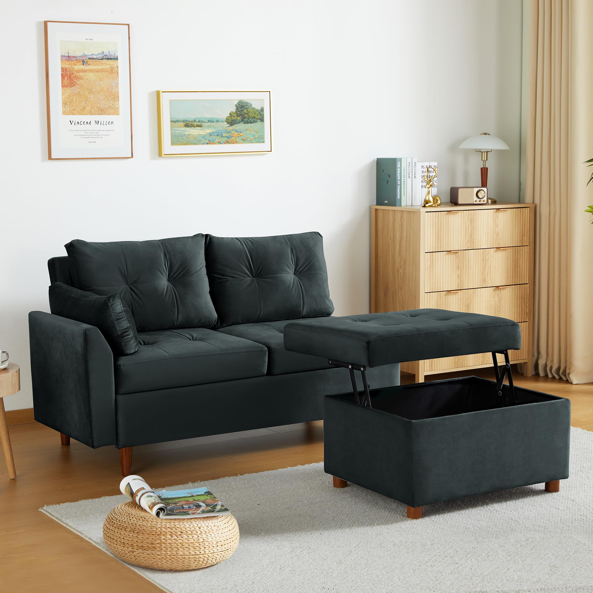 LEVNARY Sectional Sofa Chaise, Small L-Shaped Loveseat Couch with Storage Ottoman, Comfy Upholstered Sleeper Sofas Velvet Chaise Lounge Indoor for Living Room Home (Black)