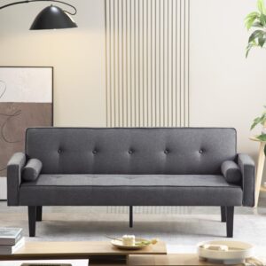 72'' velvet linen fabric convertible futon sofa bed, memory foam futon couch sleeper sofa, modern loveseat sofa with adjustable backrest and 2 bolster pillows for home living room office (dark gray)