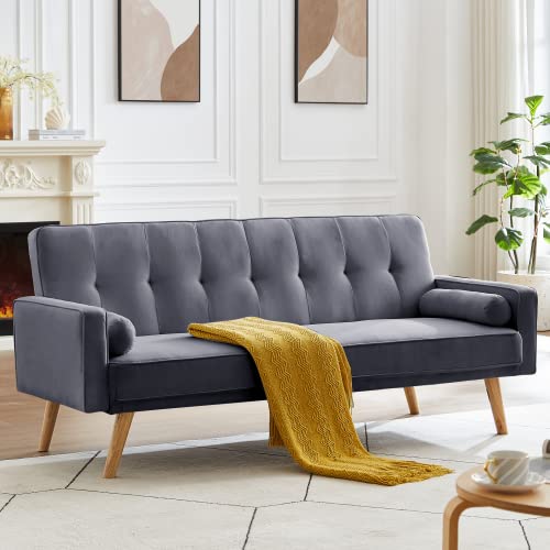 72'' Velvet Linen Fabric Convertible Futon Sofa Bed, Memory Foam Futon Couch Sleeper Sofa, Modern Loveseat Sofa with Adjustable Backrest and 2 Bolster Pillows for Home Living Room Office (Dark Gray)