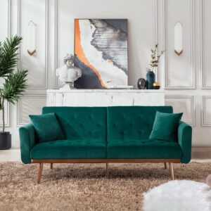 convertible velvet futon sofa bed, upholstered loveseat sleeper couch with 3 reclining angles and 2 pillows, modern living room sofa couch with 5 solid metal legs for guest room, office, emerald