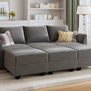 HONBAY Modular Sofa Sectional Sleeper Couch with Ottoman Velvet 6 Seater Sofa with Storage Seat Convertible Sectional Sofa Couch Set for Living Room, Grey