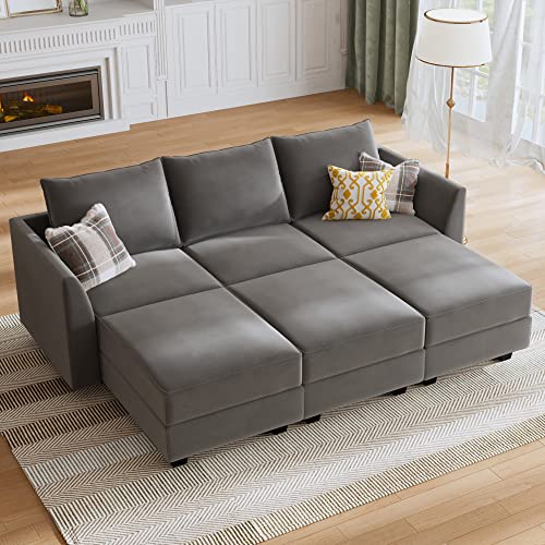 HONBAY Modular Sofa Sectional Sleeper Couch with Ottoman Velvet 6 Seater Sofa with Storage Seat Convertible Sectional Sofa Couch Set for Living Room, Grey