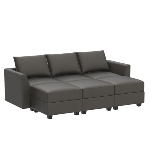 HONBAY Modular Sofa Sectional Sleeper Couch with Ottoman Velvet 6 Seater Sofa with Storage Seat Convertible Sectional Sofa Couch Set for Living Room, Grey