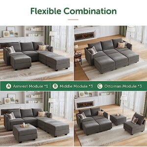 HONBAY Modular Sofa Sectional Sleeper Couch with Ottoman Velvet 6 Seater Sofa with Storage Seat Convertible Sectional Sofa Couch Set for Living Room, Grey