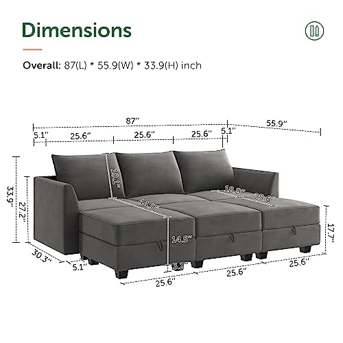 HONBAY Modular Sofa Sectional Sleeper Couch with Ottoman Velvet 6 Seater Sofa with Storage Seat Convertible Sectional Sofa Couch Set for Living Room, Grey