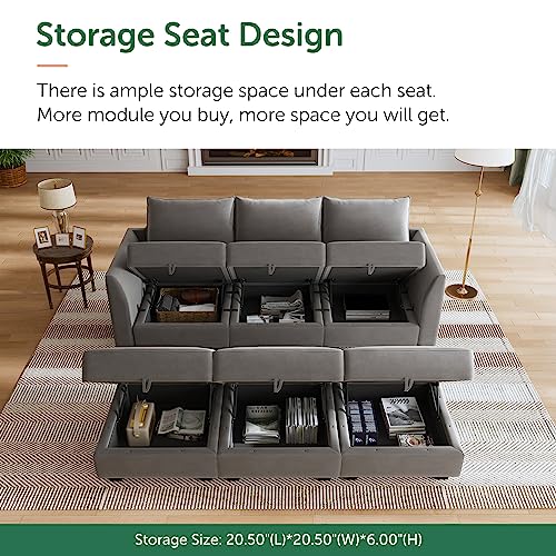 HONBAY Modular Sofa Sectional Sleeper Couch with Ottoman Velvet 6 Seater Sofa with Storage Seat Convertible Sectional Sofa Couch Set for Living Room, Grey