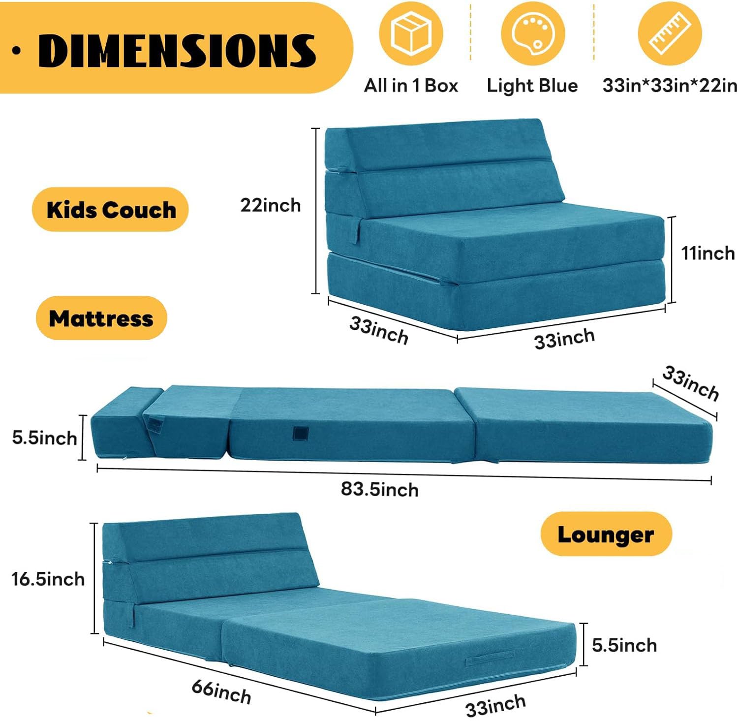 jela Sofa Bed Foldable Mattress Luxury Miss Fabric, Folding Sleeper Sofa Chair Bed Floor Mattress Floor Couch, Fold Out Couch Futon Mattress for Guest Room, Living Room (83"x33",Lightblue)