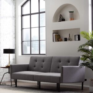 edenbrook gilman futon - futon sofa bed - futon couch - small futon - living room furniture - armed sofa bed couch - sofa – gray linen futon