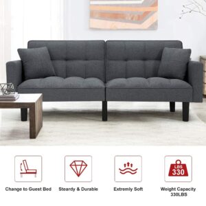 HOMHUM Modern Linen Convertible Futon Sofa Bed Folding Couch Recliner Adjustable Back with Arm Set for Living Room, Grey