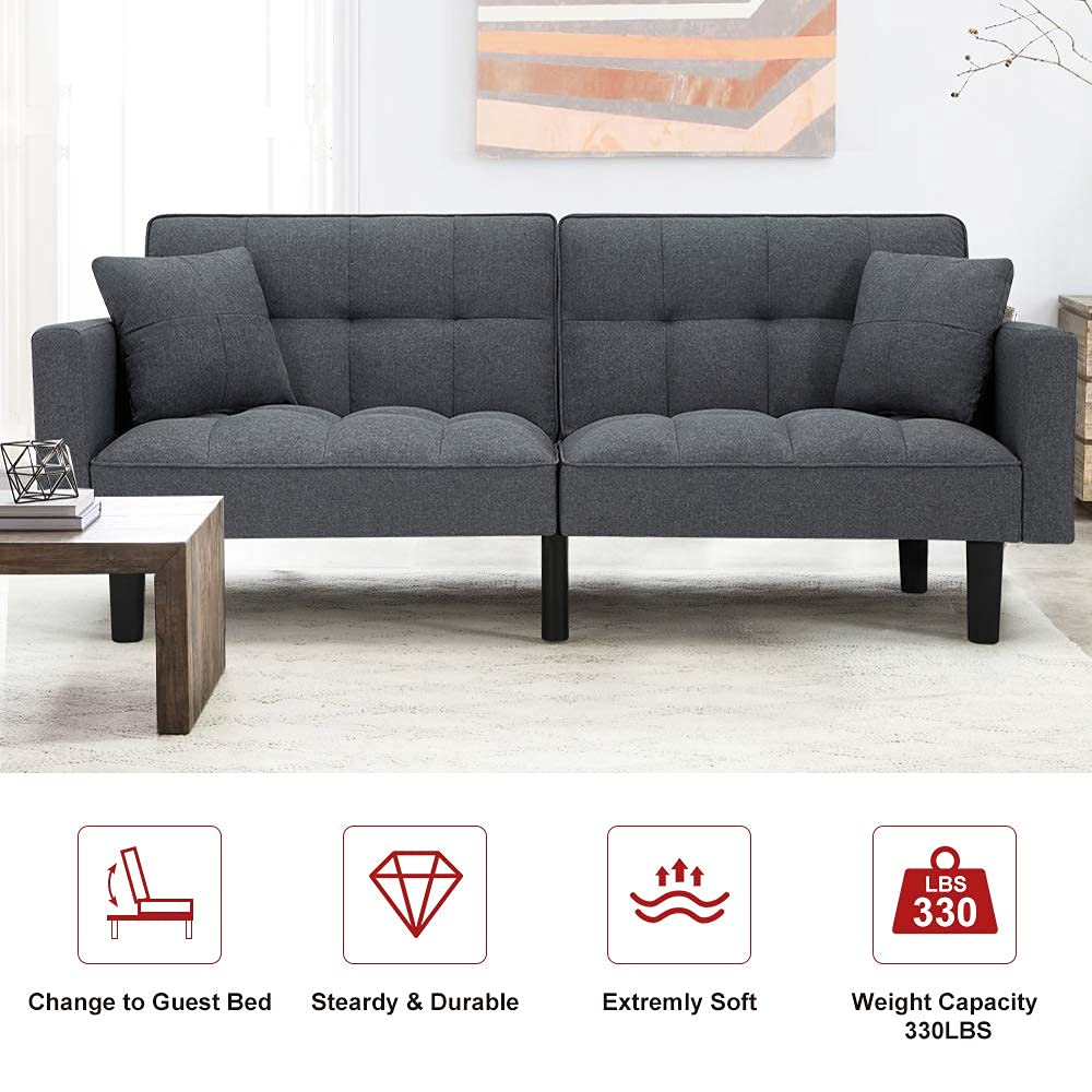 HOMHUM Modern Linen Convertible Futon Sofa Bed Folding Couch Recliner Adjustable Back with Arm Set for Living Room, Grey