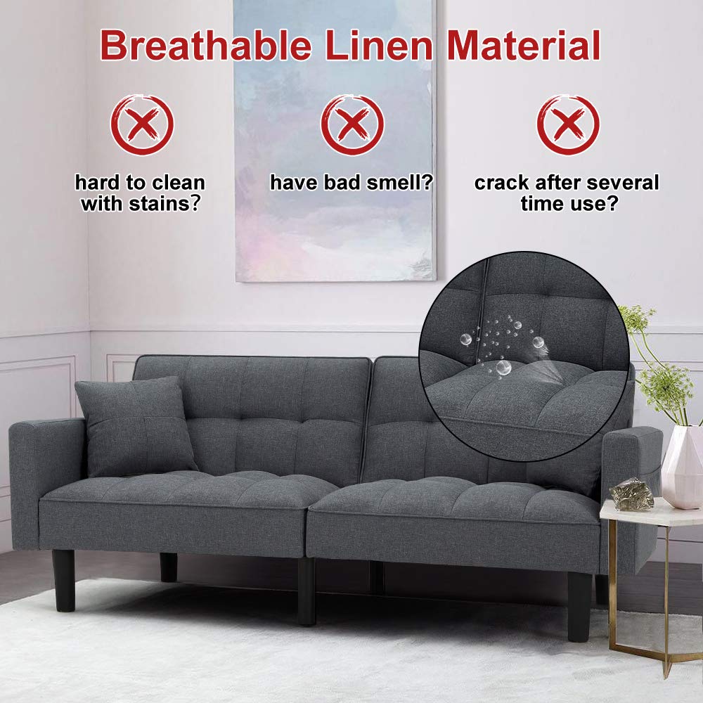 HOMHUM Modern Linen Convertible Futon Sofa Bed Folding Couch Recliner Adjustable Back with Arm Set for Living Room, Grey