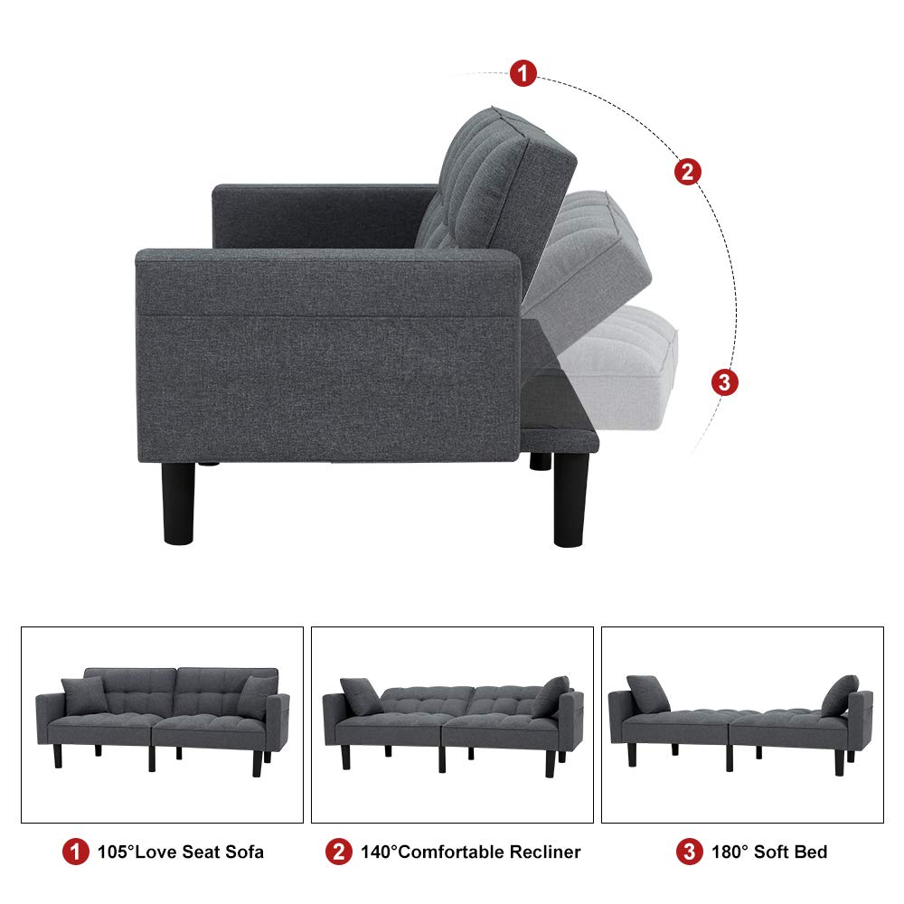 HOMHUM Modern Linen Convertible Futon Sofa Bed Folding Couch Recliner Adjustable Back with Arm Set for Living Room, Grey