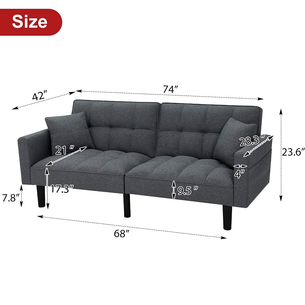 HOMHUM Modern Linen Convertible Futon Sofa Bed Folding Couch Recliner Adjustable Back with Arm Set for Living Room, Grey