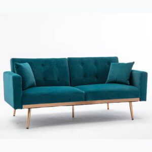 ridfy 65”velvet loveseat sofa converts to bed,mid century modern sofa bed w/armrest,2-seater upholstered tufted love seat couch with metal legs for small space,living room,bedroom,blue