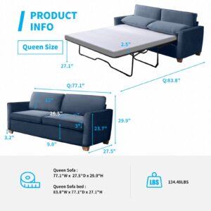 Mjkone 84" W Pull Out Sofa Bed, Sleeper Sofa Bed with Mattress, 2-in-1 Pull Out Couch Bed Suitable for Friends to Stay Temporarily, Loveseat Sleeper for Apartment/Small Spaces (Queen, Blue)