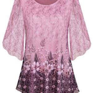 SeSe Code Plus Size Floral Tops to Hide Belly for Women Chiffon Blouses for Work Profession Loose Fitting Tops Flowy Cute Shirts Bell Sleeve Fall Clothes Pink 3XL