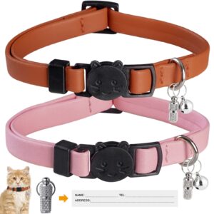 wroswt upgrade breakaway cat collar with bells, soft leather kitten collars with name tag,safety adjustable buckle,lightweight,ideal for girl boy cats,puppies,2 pack (pink+orange)