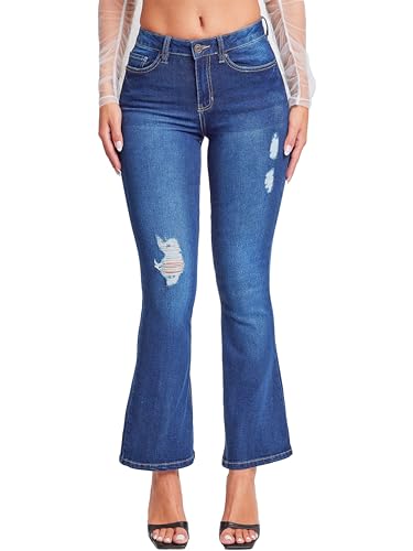 YMI Junior Women's Classic High Waisted Bell Bottom Denim Jeans (Dark wash denim,13)