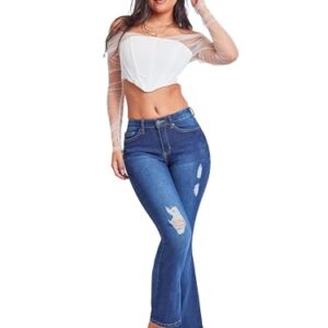 YMI Junior Women's Classic High Waisted Bell Bottom Denim Jeans (Dark wash denim,13)