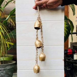 Handmade Brass Finish Hanging Bells for Door Chimes with Jute Rope, Shabby chic decorative bells for christmas 4 bells Wall Décor, winter holiday easter and home decor