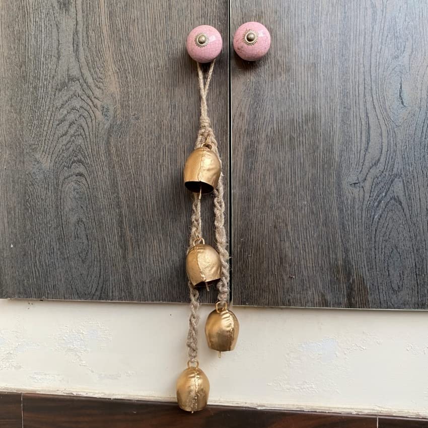 Handmade Brass Finish Hanging Bells for Door Chimes with Jute Rope, Shabby chic decorative bells for christmas 4 bells Wall Décor, winter holiday easter and home decor