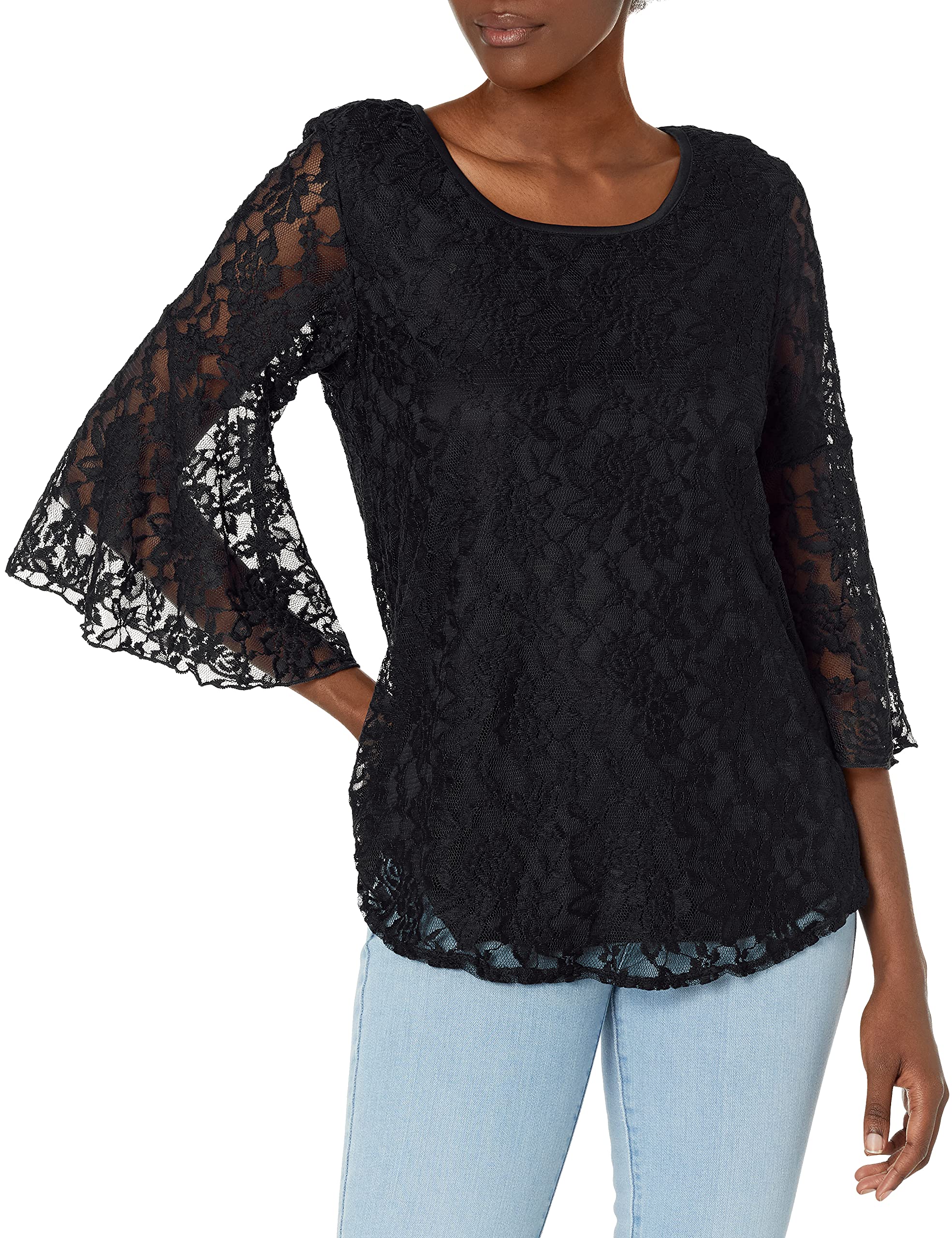 Star Vixen Women's Plus-Size Stretch Bell-Sleeve Keyhole Back Cutout Top-Lined, Black, 2X