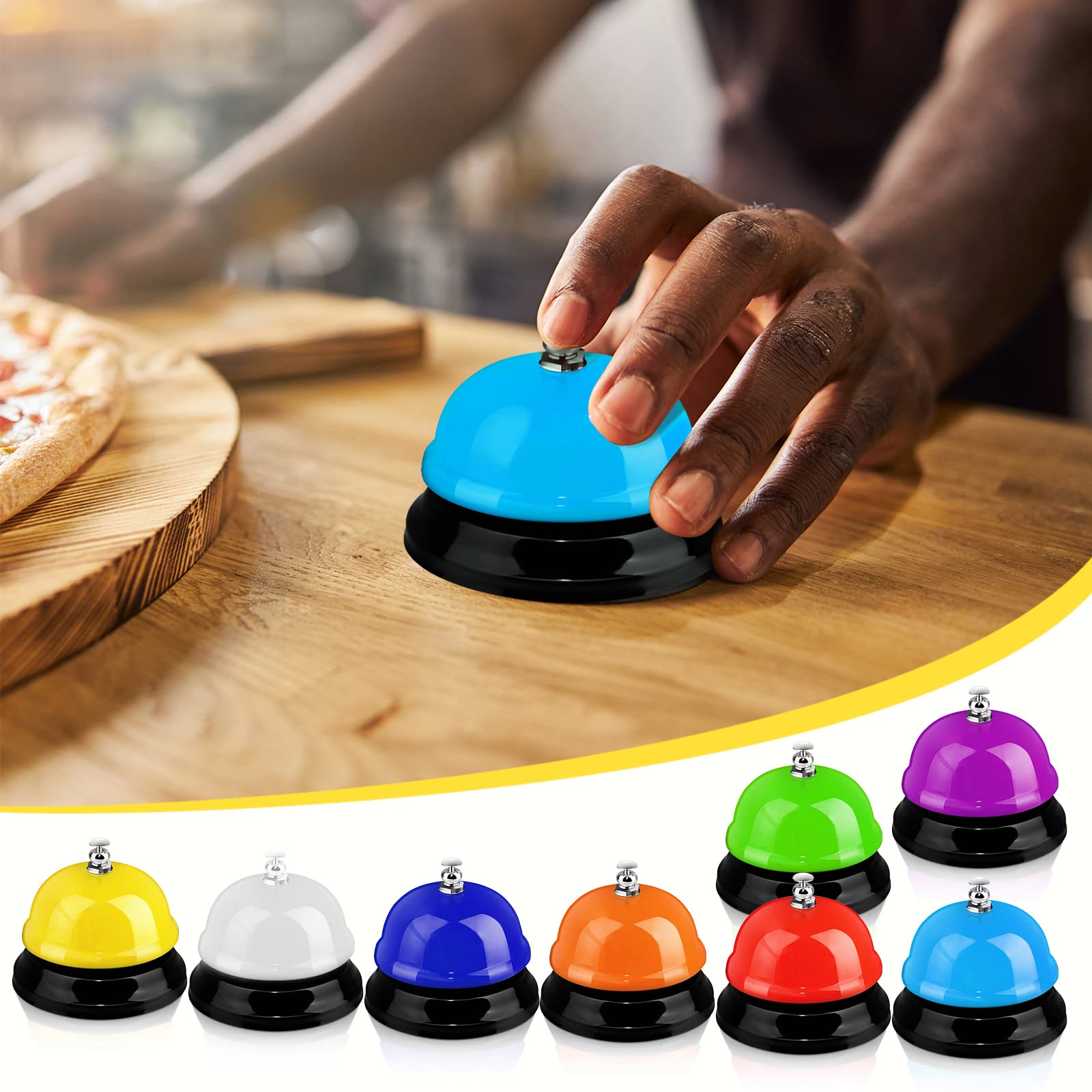 Hicarer 8 Pcs Game Call Bell Colorful Desk Bell Metal Ring Bell 3 Inch Diameter Hand Bells Bulk for Adults Service Bell for Desk Hotel Restaurant Office School Kitchen Bar Counter Supplies