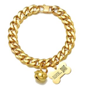 18k gold cat dog collar kitten puppy stainless steel kitten choker curb chew proof cuban link chain with gold bell&personalized custom qr code bone tag