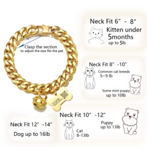 18K Gold Cat Dog Collar Kitten Puppy Stainless Steel Kitten Choker Curb Chew proof Cuban Link Chain with Gold Bell&Personalized custom QR Code Bone Tag