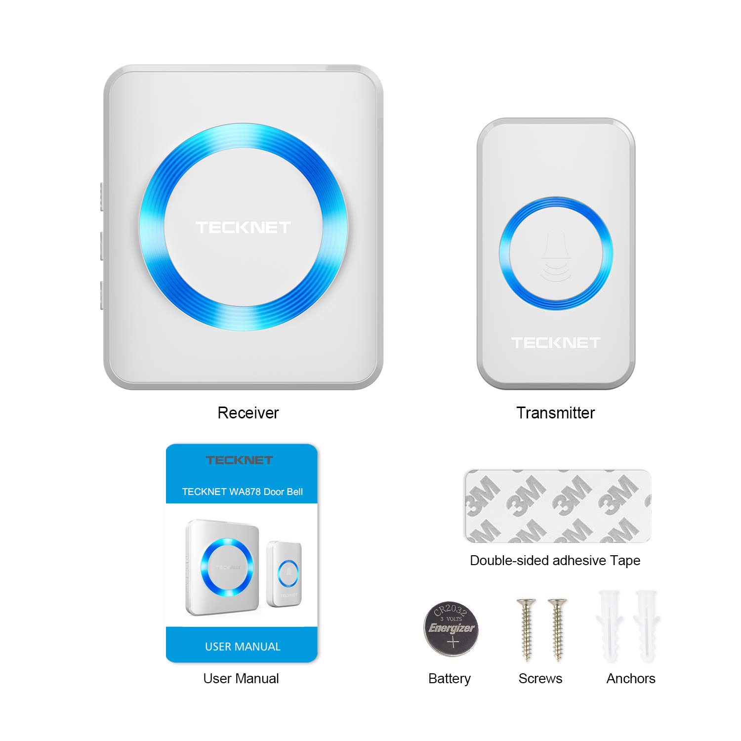 TECKNET Wireless Doorbell for Home, IP65 Waterproof Door Bell 1,300ft Range 110dB Plug in Doorbell Kit for Classroom Doorbell Battery Powered with 38 Chimes & 5 Volume Levels, LED Flashing (White)