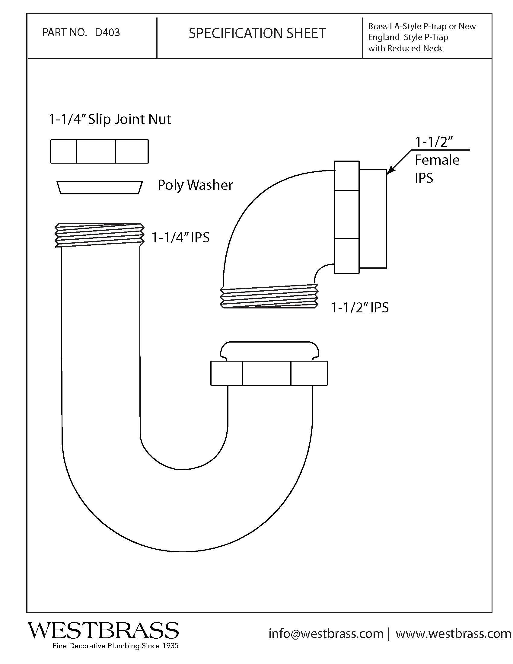 Westbrass D403LA-RAW 1-1/2 x 1-1/4" LA Code P-Trap, Unfinished