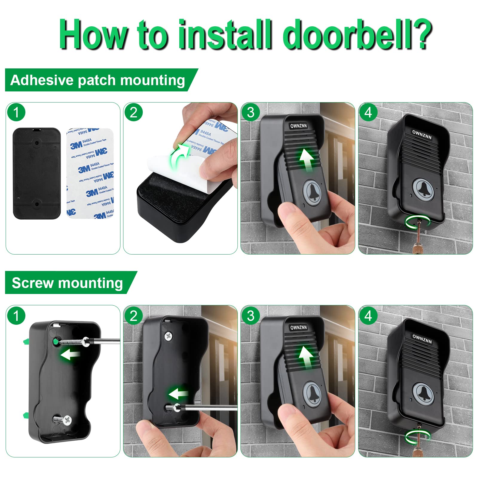 Wireless Doorbell, OWNZNN Intercom Doorbells Hands-Free, Waterproof Full Duplex Door Bell Two Way communication for Home Office 1000ft Range Doorbell Chime with 8 Volume Levels& LED Flash-Black 2Packs