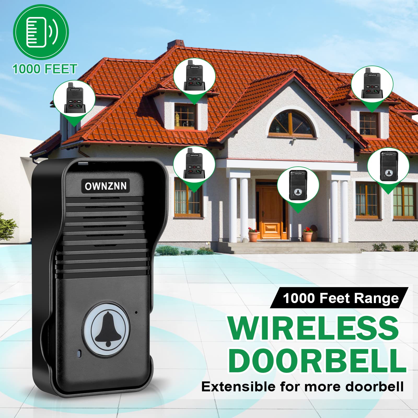 Wireless Doorbell, OWNZNN Intercom Doorbells Hands-Free, Waterproof Full Duplex Door Bell Two Way communication for Home Office 1000ft Range Doorbell Chime with 8 Volume Levels& LED Flash-Black 2Packs