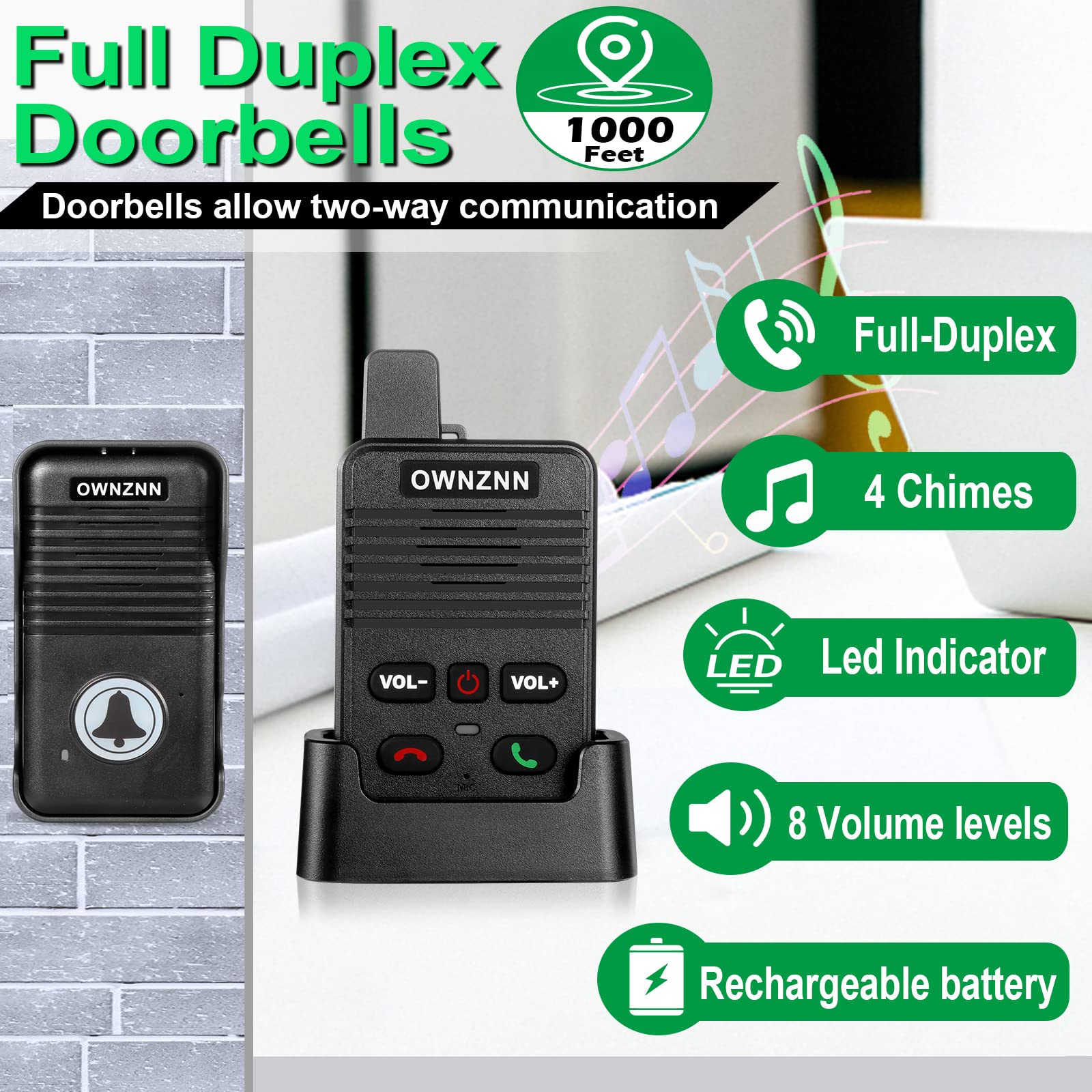 Wireless Doorbell, OWNZNN Intercom Doorbells Hands-Free, Waterproof Full Duplex Door Bell Two Way communication for Home Office 1000ft Range Doorbell Chime with 8 Volume Levels& LED Flash-Black 2Packs