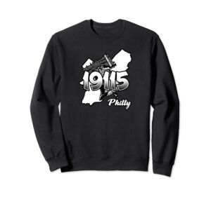 philadelphia silhouette with zip code 19115 and liberty bell sweatshirt