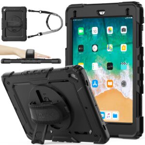 seymac stock case for ipad 6th/5th generation case 9.7'' with screen protector pencil holder [360 rotating hand strap] &stand, drop-proof case for ipad 6th/5th/ air 2/ pro 9.7 (black)