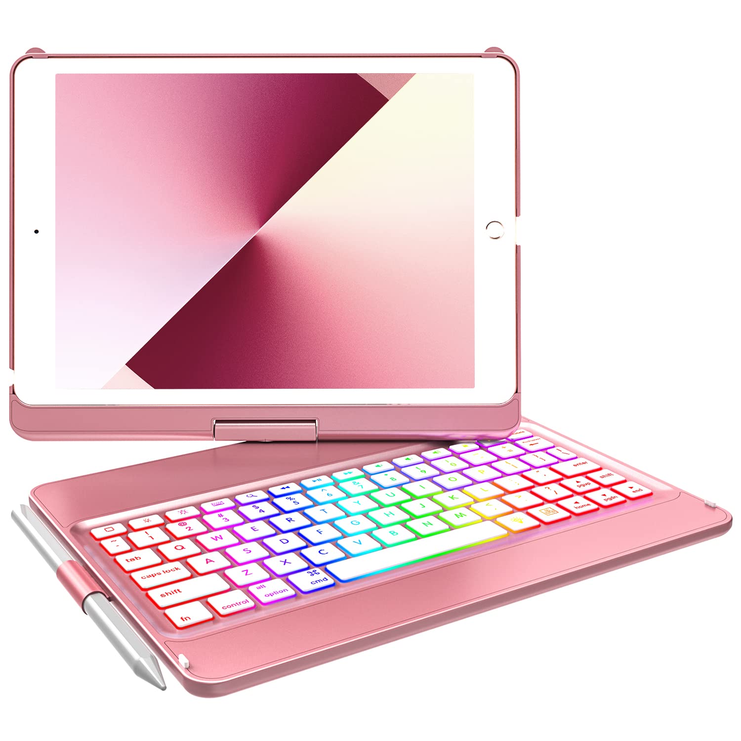 MMK® Keyboard Case for iPad 10.2 inch 9th Gen 2021,iPad 8th Generation 2020,iPad 7th Generation 2019,10 Color Backlit 360 Rotatable Wireless Detachable Bluetooth Keyboard Cover Tablet Case