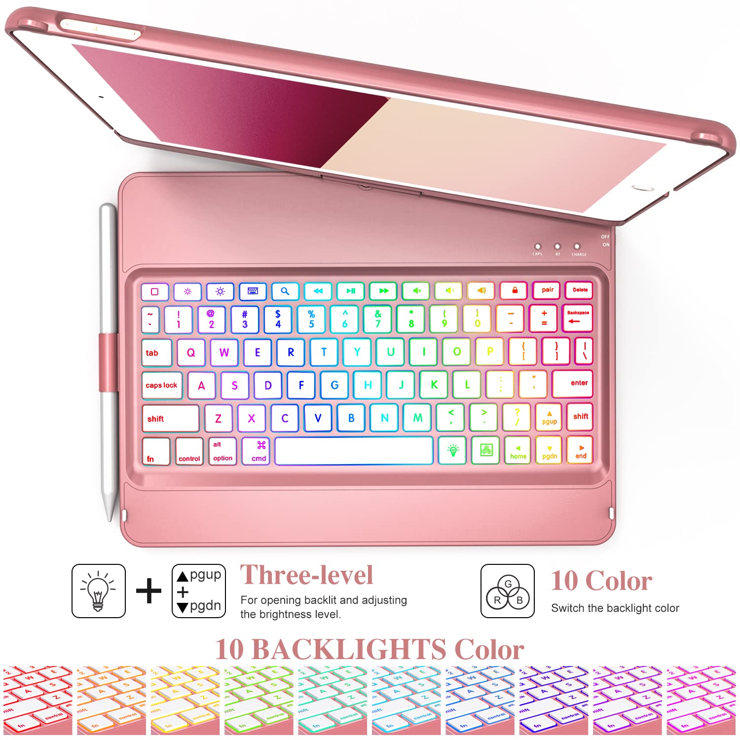 MMK® Keyboard Case for iPad 10.2 inch 9th Gen 2021,iPad 8th Generation 2020,iPad 7th Generation 2019,10 Color Backlit 360 Rotatable Wireless Detachable Bluetooth Keyboard Cover Tablet Case