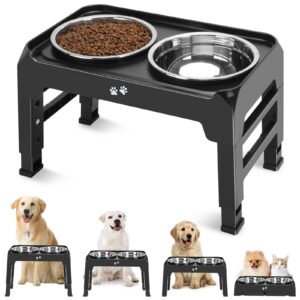 elevated dog bowls, 4 height adjustable raised dog bowl stand with 2 thick 50oz stainless steel dog food bowls non-slip dog feeder for large medium dogs adjusts to 3.7", 9.2", 10.75", 12.36" black