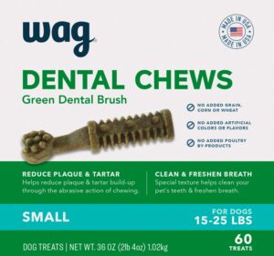 amazon brand - wag dental dog treats to help clean teeth & freshen breath - small, unflavored, 2.25 pounds, 60 count (pack of 1)