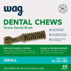 Amazon Brand - Wag Dental Dog Treats to Help Clean Teeth & Freshen Breath - Small, Unflavored, 2.25 pounds, 60 Count (Pack of 1)