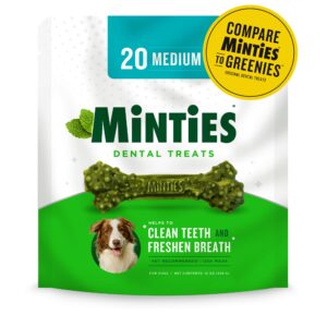 minties dental chews for dogs, 20 count, vet-recommended mint-flavored dental treats for medium dogs 25-50 lbs, dental bones clean teeth, fight bad breath, and removes plaque and tartar