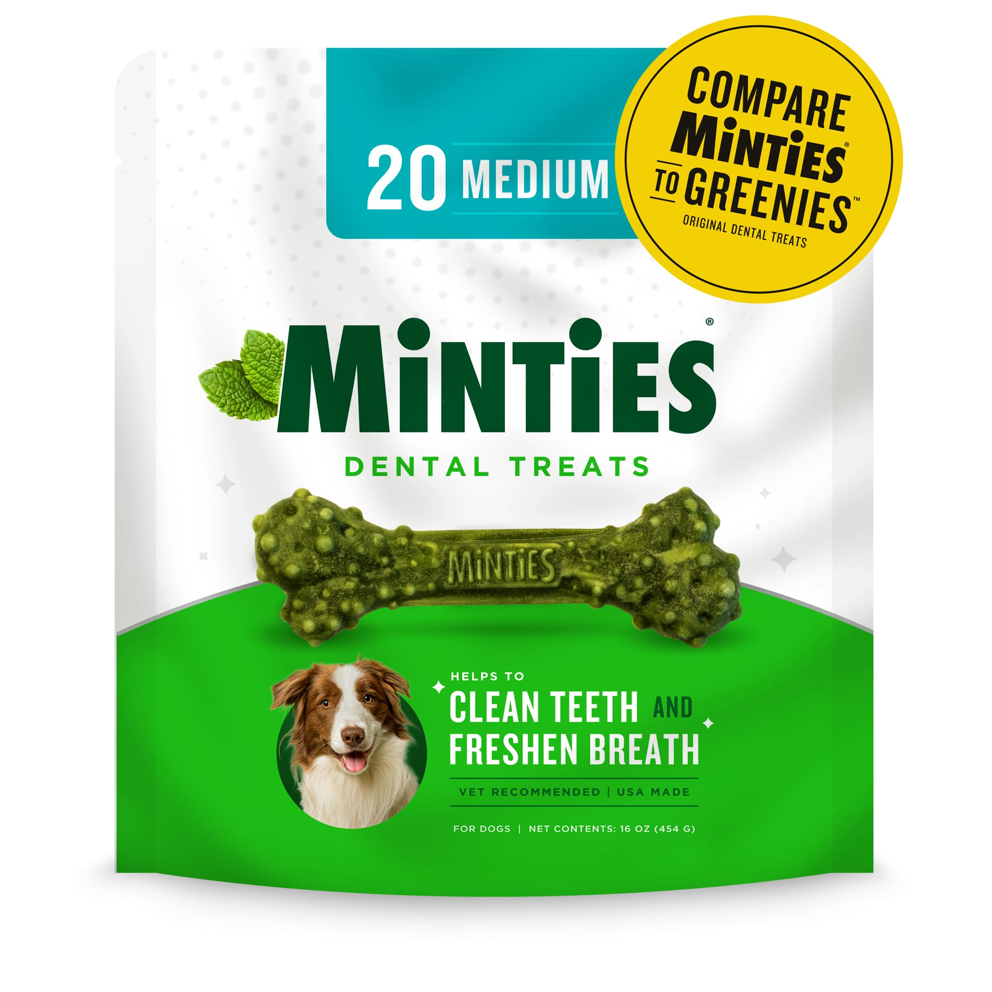 Minties Dental Chews for Dogs, 20 Count, Vet-Recommended Mint-Flavored Dental Treats for Medium Dogs 25-50 lbs, Dental Bones Clean Teeth, Fight Bad Breath, and Removes Plaque and Tartar