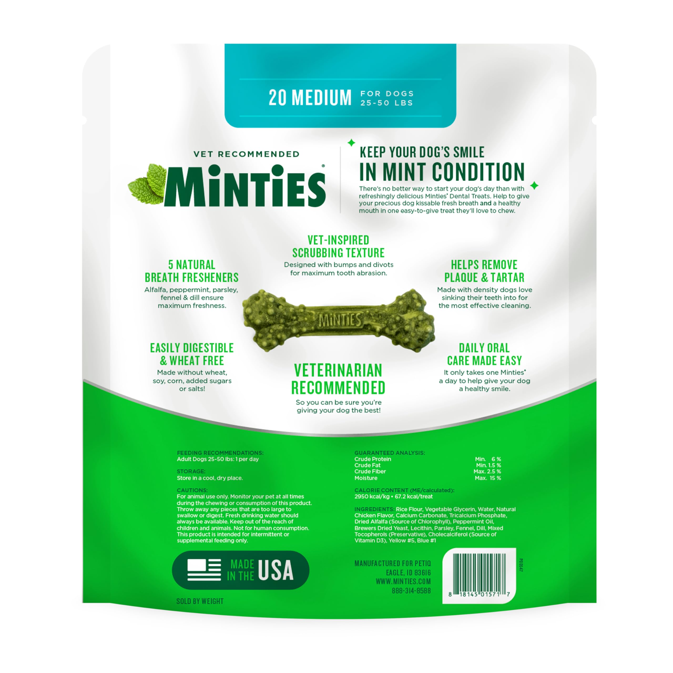 Minties Dental Chews for Dogs, 20 Count, Vet-Recommended Mint-Flavored Dental Treats for Medium Dogs 25-50 lbs, Dental Bones Clean Teeth, Fight Bad Breath, and Removes Plaque and Tartar