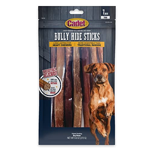 Cadet Bully Hide Sticks for Small, Medium and Large Dogs – All-Natural Beef Pizzle, High Protein, Low Fat, Long-Lasting, Grain & Rawhide-Free Dog Chews for Aggressive Chewers, Large (7 Count)